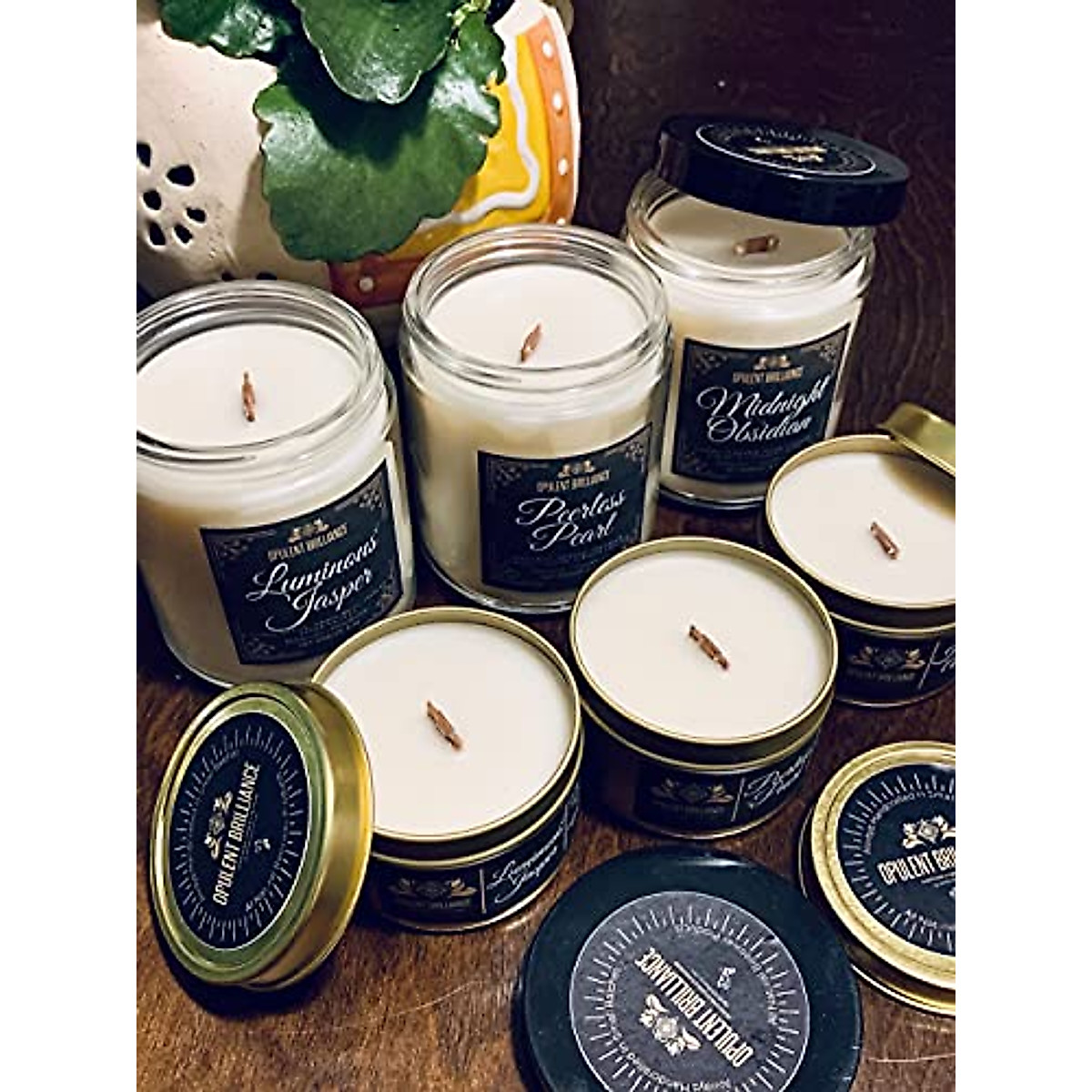 Woodwick Candle, Luminous Jasper, Beeswax Candle, Jasmine, Amber Musk, Organic Candle, Aromatherapy, Scented Candle, Opulent Brilliance 8 oz