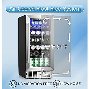 Antarctic Star 15 Inch Beverage Refrigerator Cooler - 2.9 Cu.Ft Wine or Champagne Cooler Low Noise Transparent Glass Door LED Light for Home and Bar 115V 60Hz Electronic Temperature Control