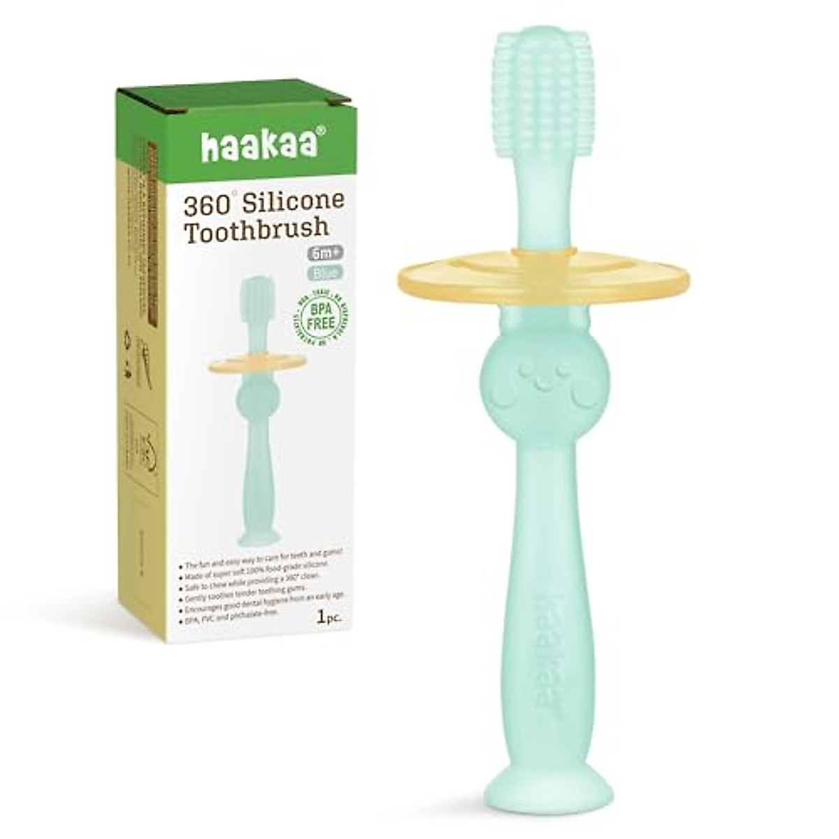 haakaa 360° Baby Toothbrush with Suction Base - Gentle Cleaning for Toddler's Self-Brushing Training, Food-Grade Silicone, Adjustable Safety Shield - Blue (1 Piece)