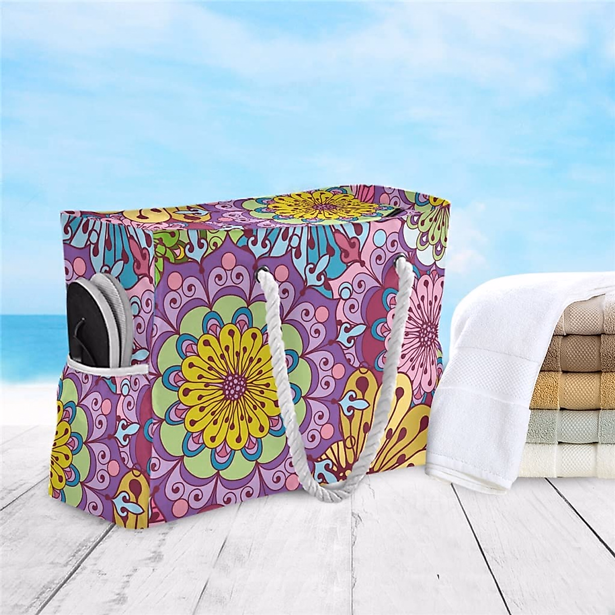 WSSBK Fashion Nylon Beach Shoulder Bag Women's Creative Rope Shopping Bag Mandala Print Big Summer Tote Handbag (Color : A, Size : 52 * 18.5 * 38cm)