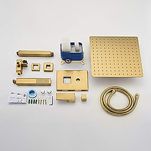 Iriber Champagne Bronze Ceiling Mount Rain Shower System with 12 Inch Shower Head and Handheld Bathroom Brushed Golden Shower Set Contain Shower Faucet Mixer Brush Gold Trim Kit (Valve Included)