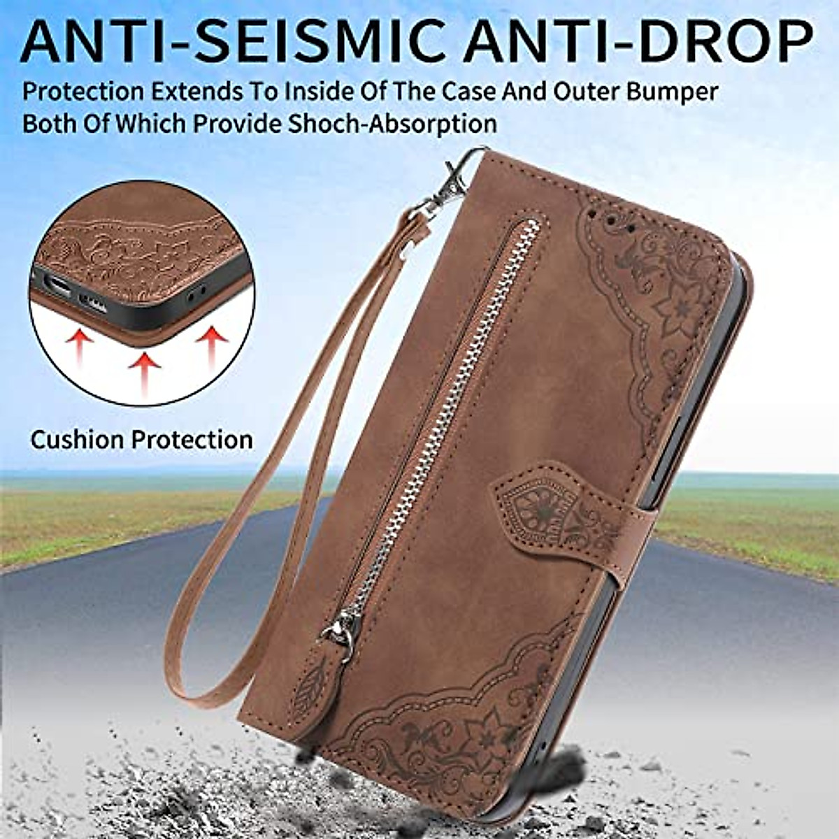 ONV Wallet Case for Oppo Realme 7 Pro - with Zipper Wrist Strap Emboss Flower Flip Phone Case Card Slot Magnet Leather Shell Flip Stand Cover for Oppo Realme 7 Pro[SZY] -Brown