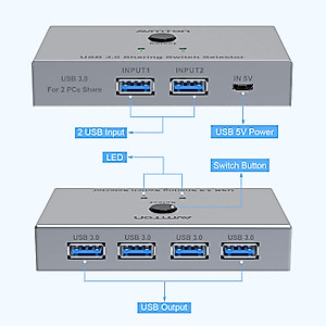 USB 3.0 Switch, AVMTON USB Switcher Selector 2 Computers Share 4 USB 3.0 Devices KVM Switcher Box for PC, Printer, Keyboard, Scanner, Mouse, One Button Control Metal Switch Adapter, 2 USB Cables