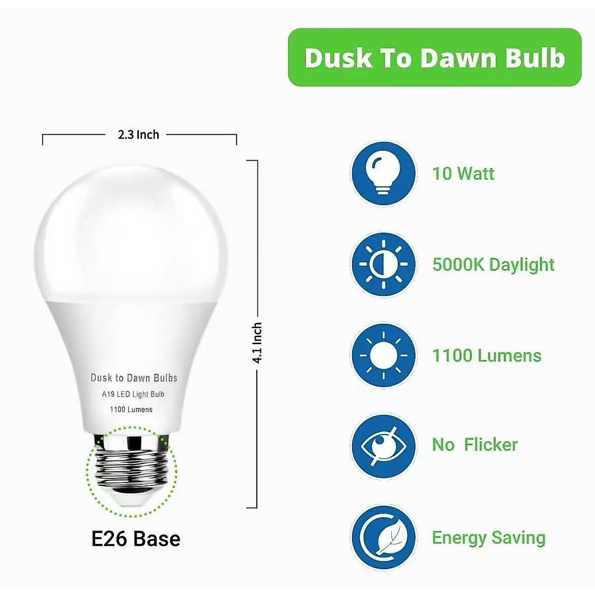 4-Pack Dusk to Dawn Light Bulbs Outdoor 75 Watt Equivalent, Automatic On/Off Sensor LED Light Bulb, 10W Daylight 5000K, 1100 Lumen, A19 E26 Bulbs Photocell for Wall lamp Porch Garage Yard Light