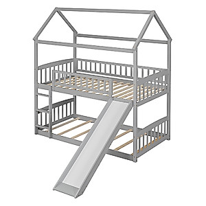 House Bunk Beds with Slide Twin Over Twin Floor Bunk Bed Frame Wood Playhouse Bunkbed with Storage for Kids Toddlers Girls/Boys, Gray