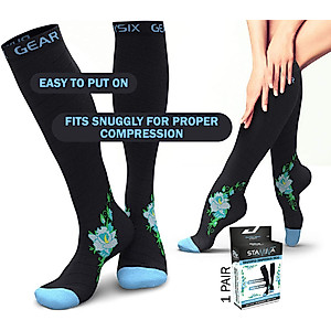 Physix Gear Compression Socks 20-30 mmHg - Men & Women - Running, Nurses, Shin Splints, Flight, Travel (BLACK / BLUE FLOWER-S/M)