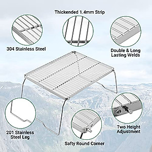 YETO Two Hight Camping Grill Grate with Legs 304 Stainless Steel Folding Campfire Over Fire Portable and Carrying Bag for Outdoor Cooking BBQ Picnic Hiking, Silver-Large, 16.3 x 12.2 x 8.6 inches