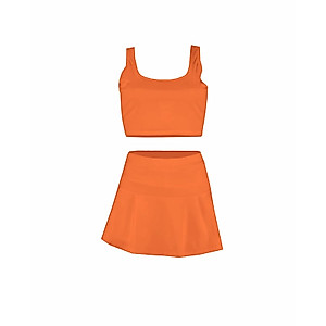 Sexy Sports 2 Piece Outfits - Slim Tank Crop Top High Waist Tennis Golf Pleated Skirt Bodycon Athletic Suit Orange M