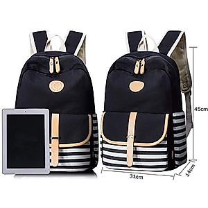 BAGTOP School Backpack Set - Canvas Teen Girls Bookbags 15" Laptop Backpack + Lunch Bags + Drawstring Backpack + Pen Case Bags Set (Black-3)