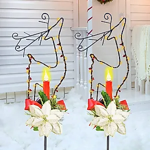 OBABA 2 Pack Solar Christmas Yard Stake Lights,Outdoor Decor Garden Metal Reindeer 33" Stakes LED Candle Light,Holiday Ornament for Home Lawn Pathway Walkway Driveway Winter Decoration