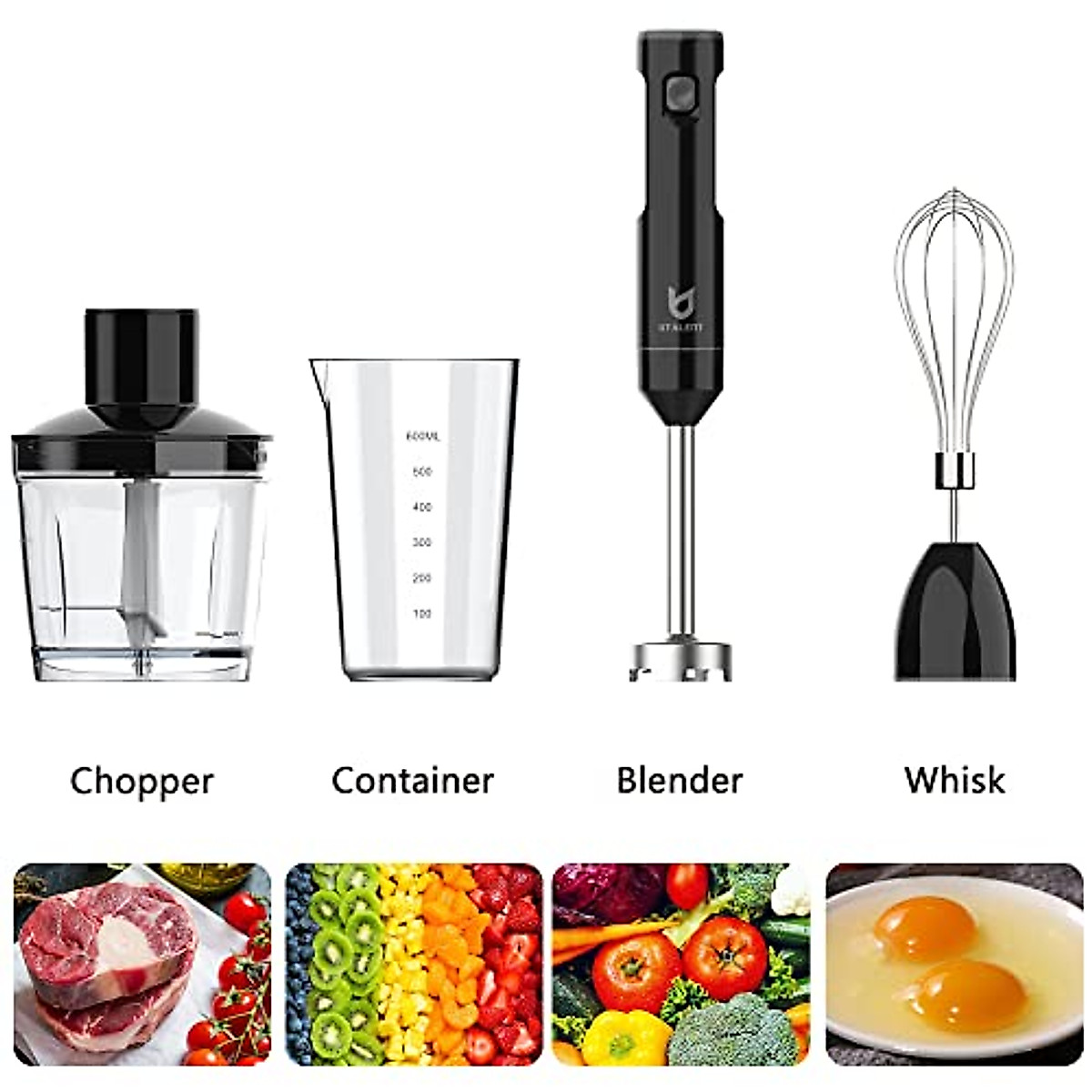 Cordless Hand Blender, UTALENT Variable Speed Immersion Blender Rechargeable, with Fast Charger, 500ml Chopper, 600ml container, Egg Whisk, for Smoothies, Baby Food and Soups – Black