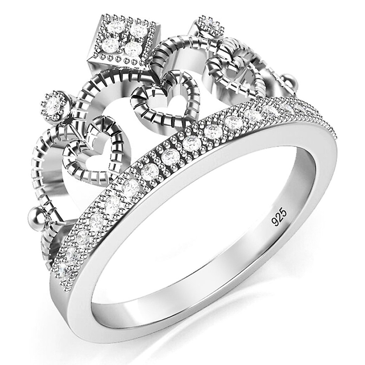 Metal Factory 925 Sterling Silver Cubic Zirconia Princess Heart Crown Tiara CZ Band Ring Sz 5
