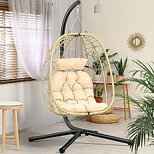 YITAHOME Hanging Egg Chair with Stand Swing Chair Wicker Indoor Outdoor Hammock Egg Chair with Cushions 330lbs for Patio, Bedroom, Garden and Balcony, Beige