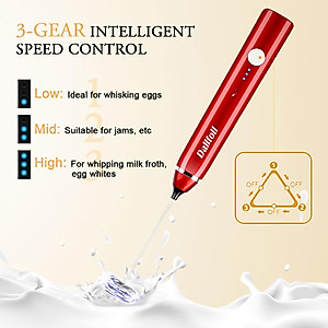 Milk Frother Handheld, Dallfoll USB Rechargeable Electric Foam Maker for Coffee, 3 Speeds Mini Milk Foamer Drink Mixer with 2 Whisks for Bulletproof Coffee Keto Frappe Latte Cappuccino (Red)