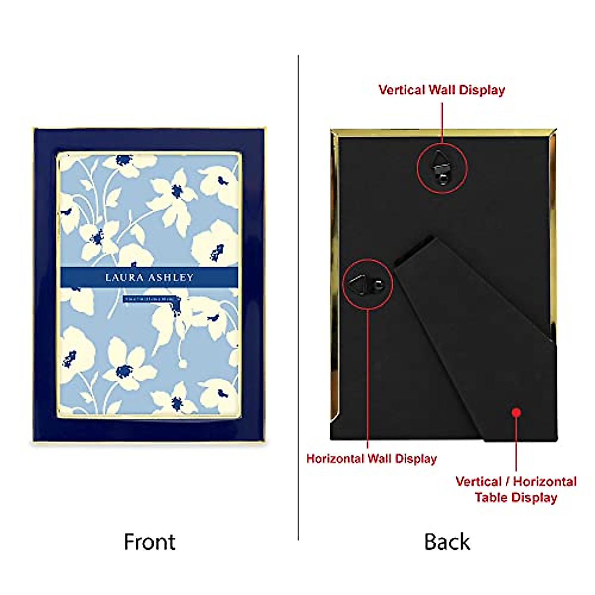 Laura Ashley 5x7 Navy Enamel Picture Frame, Gold Metal Edge with Easel, for Countertop, Counterspace, Tabletop Display, Bookshelf, Desk, Wall Décor, Photo Gallery (5x7, Navy W/Gold)