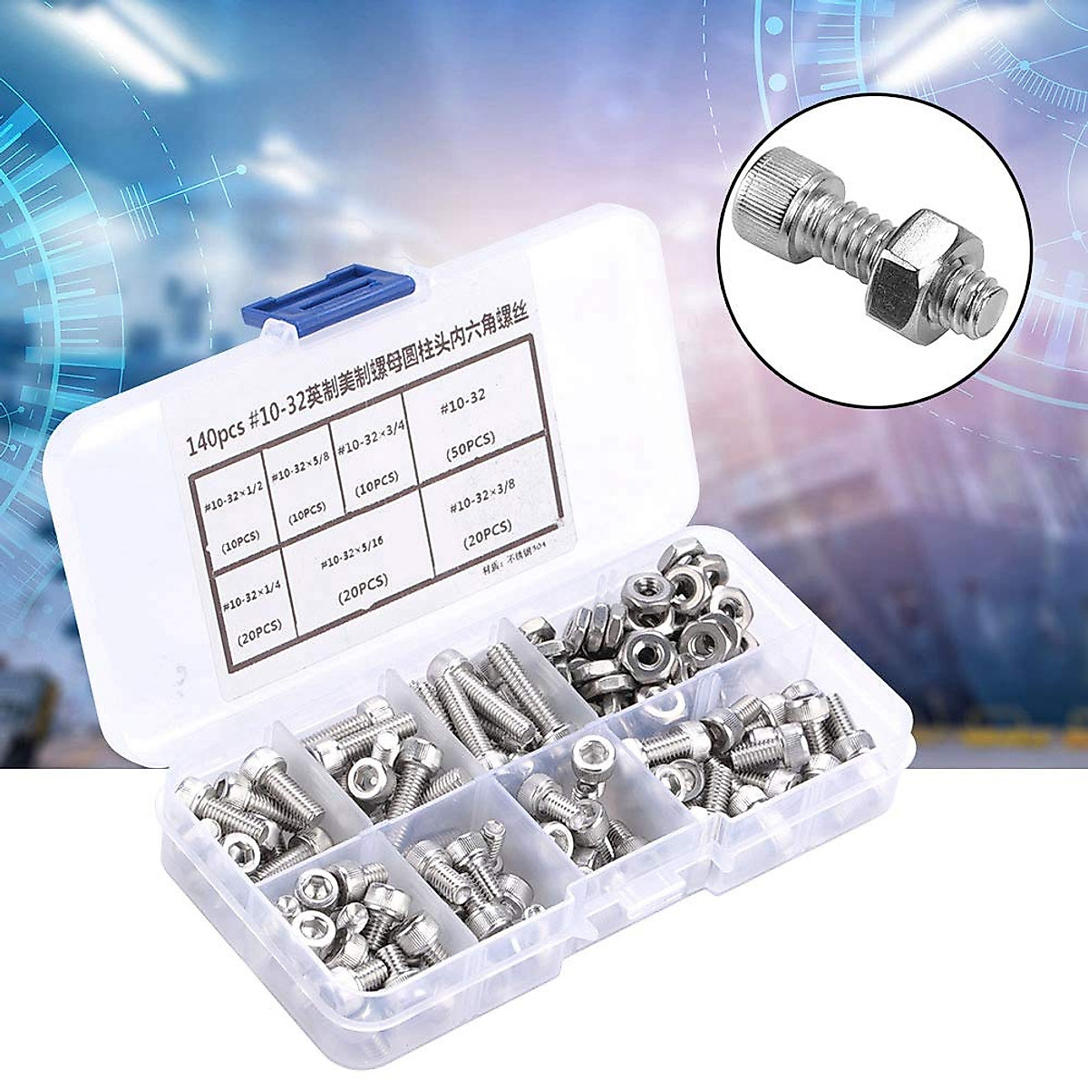 140Pcs #10-32 Stainless Steel Hex Socket Cap Hd Bos Hex Screw Assoment Kit, with Plastic Storage Box