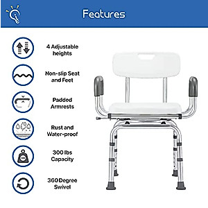 IdeaEuropa Premium Bathroom Swivel Shower Chair Pivoting Bath Bench with Back - Heavy Duty 360 Degree Swivel Seat