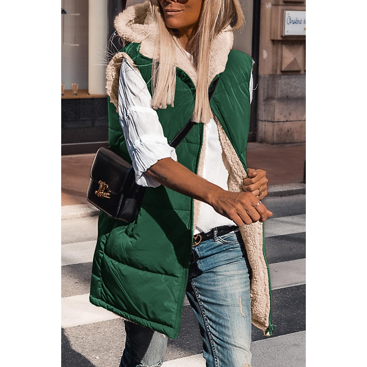 PRETTYGARDEN Womens 2025 Fall Reversible Vests Sleeveless Fleece Jacket Zip Up Hoodie Pockets Long Warm Winter Coat Outerwear (Dark Green,Large)