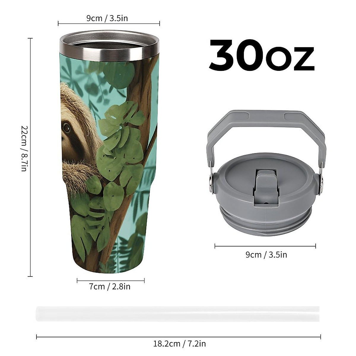 30oz Stainless Steel Insulated Tumbler with Flip Lid & Straw, Leakproof Travel Mug for Car, Hug Tree Sloth Double Wall Vacuum Thermal Coffee Cup with Handle, Spill-Proof Design for Hot/Cold Drinks