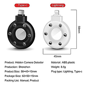 Hidden Devices Detector Hidden Camera Detectors Anti Spy Detector Camera Finder Spy LED Hidden Device Detector with Infrared Viewfinders Pocket Sized USB-C & Lightning Charging (Lightning Black)
