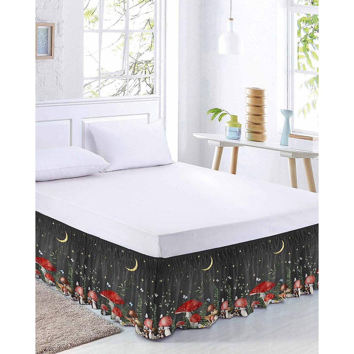 Moon Mushroom Bed Skirt Queen Size 18 Inch Drop, Adjustable & Elastic Wrap Around Bed Skirts Pleated Luxury Dust Ruffles for Twin Full Queen Cal King Base Bed, Star Eucalyptus Leaves Flower