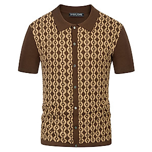 Men's 70s Short Sleeve Knitwear Vintage Stripe Lightweight Polo Shirts Brown XXL