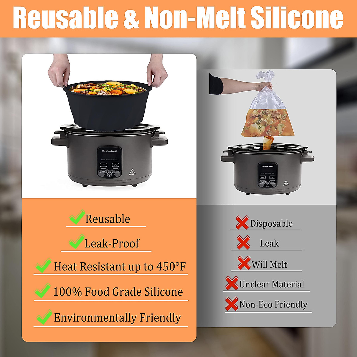 Amerbro Silicone Slow Cooker Liners fit Crock-Pot 6 Quart Oval Slow Cooker - Reusable & Leakproof Crock Pot Liner - Dishwasher Safe Crock Pockets (Black)