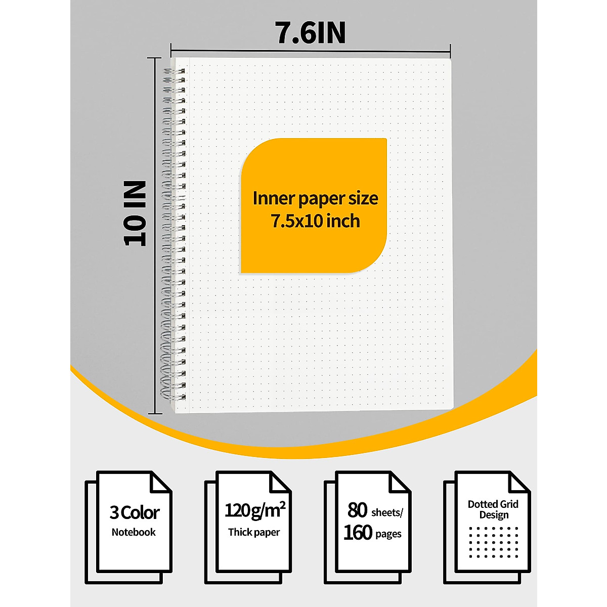 SUNEE Spiral Dotted Notebooks - B5 Spiral Bullet Journals, 120gsm Thick Dotted Paper, 3 Pack Dot Grid Notebook for Women, School, Office, 80 Sheets, 7.6" x 10", Blue, Pink, Transparent