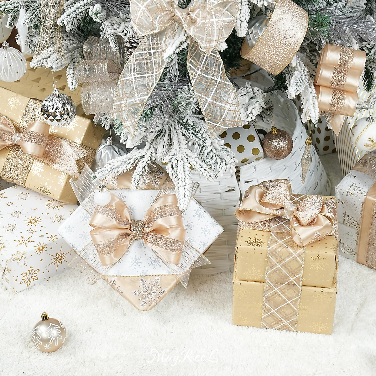 MAYREEL Champagne Christmas Ribbon Wired 2.5 Inch Champagne Gold Ribbon for Christmas Trees Wreaths Tree Toppers Crafts Home Decor Gift Wrapping 6 Rolls Total 36 Yards