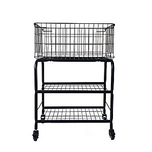 HENNZE Rolling Laundry Basket on Wheels,3 Tiers- Garment Storage Cart,Easy Moved Basket for Organizer,Black Metal Basket with Wheels, Garment Metal Rack for Clothes Wash and Dry Sort（Black