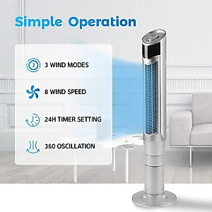 R.W.FLAME Tower Fan, 360° Oscillating Standing Fan Room Fan Portable Bladeless Quiet Floor Fan with Remote, 8 Speeds, 3 Modes, 24H Timer for Bedroom and Home Office Use (47-inch, SILVER)
