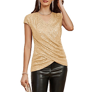 Womens Sequin Sparkle Tops Shimmer Glitter Club Party Cap Sleeve Wrap V-Neck Twist Front Tops Plus Size Champagne XL