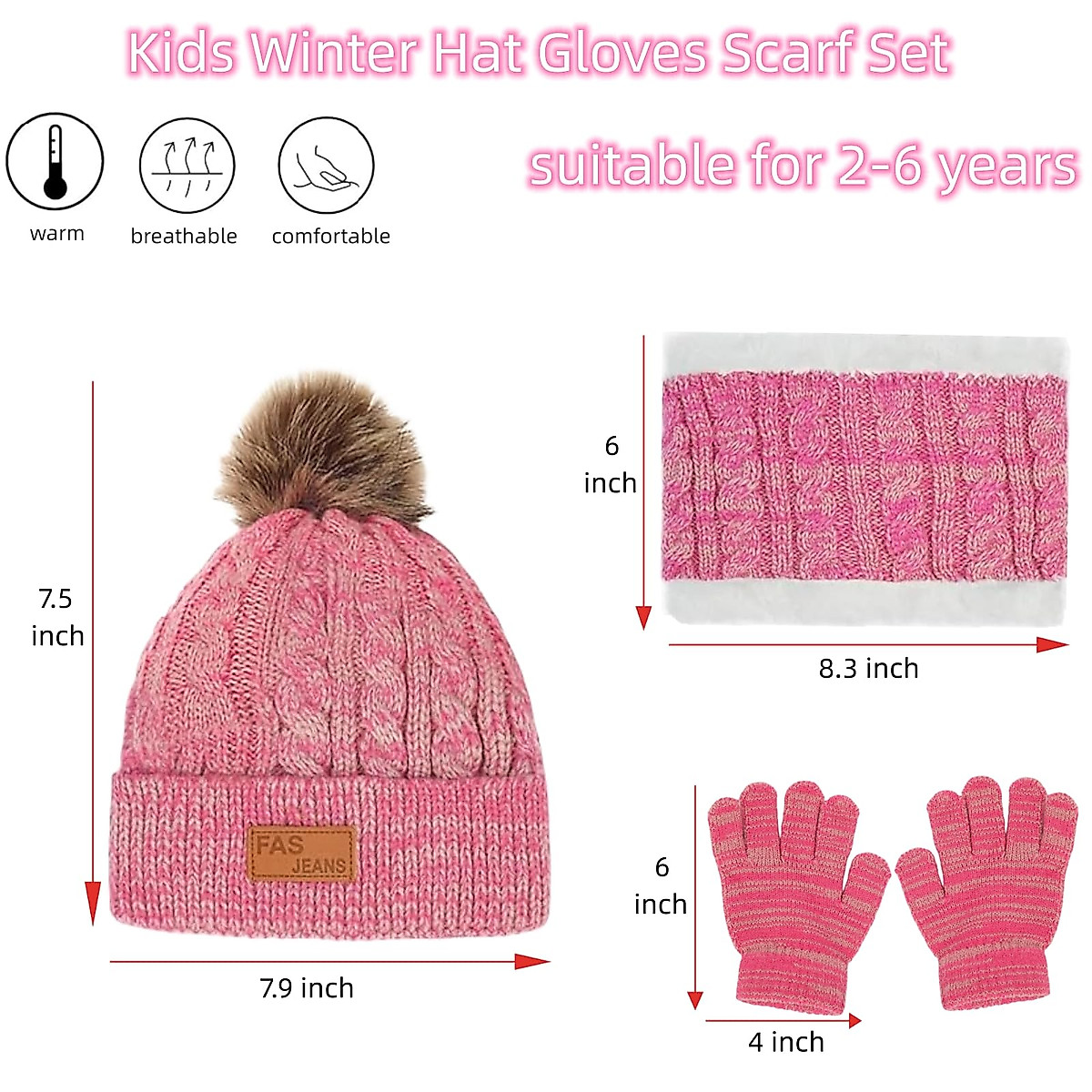 Kids Winter Hat Gloves Scarf Set for 2-6 Years Old Boy Girl Toddler Winter Knit Pompom Beanie Hats Cap Neck Warmer Gloves,rose red-1