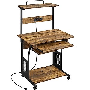 Topeakmart 3 Tiers Rolling Computer Desk with Power Outlet and USB Ports for Space Saving, Home Office Desk with Keyboard Tray and Printer Shelf on Wheels, Laptop PC Workstation Table, Rustic Brown