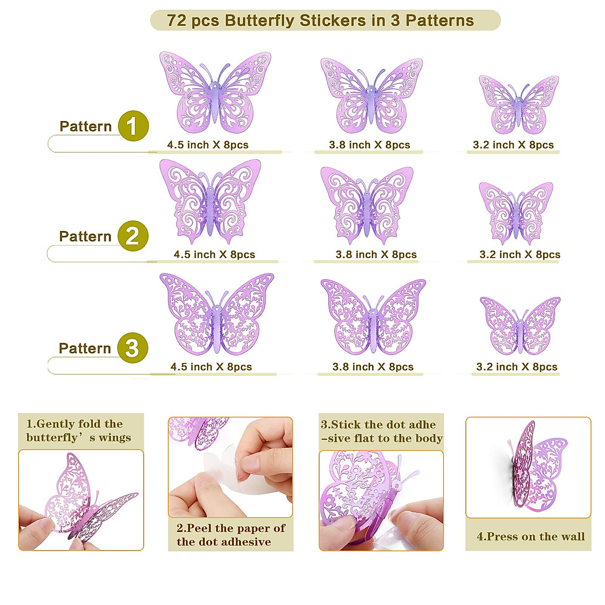 72 Pcs Butterfly Decorations, 3 Sizes 3 Styles, 3D Butterfly Wall Decor, Butterfly Party Decorations, Birthday Decorations, Butterflies for Crafts, Cake Decorating, Wall Stickers Room Decor (Lavender)