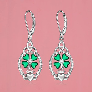 St Patricks Day Earrings Shamrock Earrings for Women Four Leaf Clover Sterling Silver Irish Celtic Claddagh Green Shamrock Dangle Lucky Jewelry Gifts