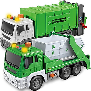 ArtCreativity Sanitation Trucks Set, Pack of 2, Light Up Garbage Trucks for Boys and Girls with Movable Parts, Sound, and LEDs, Push and Go Toy Sanitation Truck Set, Car Toys for Kids Ages 3 and Up