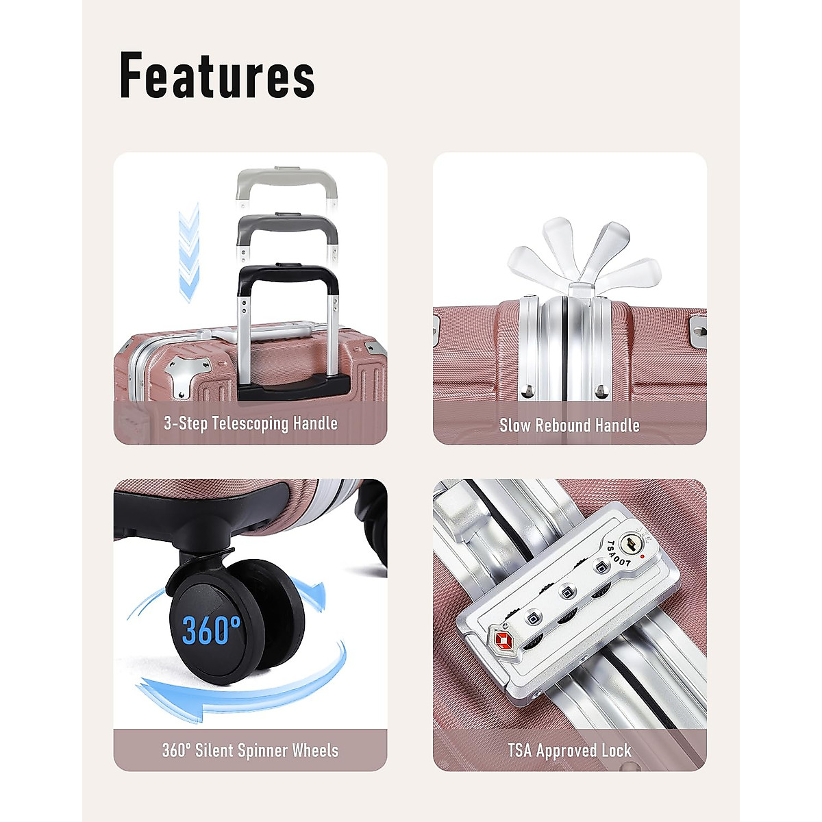 FIGESTIN Carry on Luggage Airline Approved, Aluminum Frame Hard Shell Suitcases with Wheels,100% PC Lightweight, No Zipper Suitcase TSA Approved, 20" Carry-On(Rose Gold)