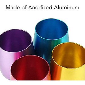 CLW Aluminum Stemless Wine/Old Fashion Glass, Set of 4, 4-Color in a Set (Purple/Blue/Pink/Gold), 12oz (Small)