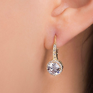 Mia Sarine Yellow Gold Plated 925 Sterling Silver Cubic Zirconia Halo Leverback Dangle Bridal Earrings for Women Yellow