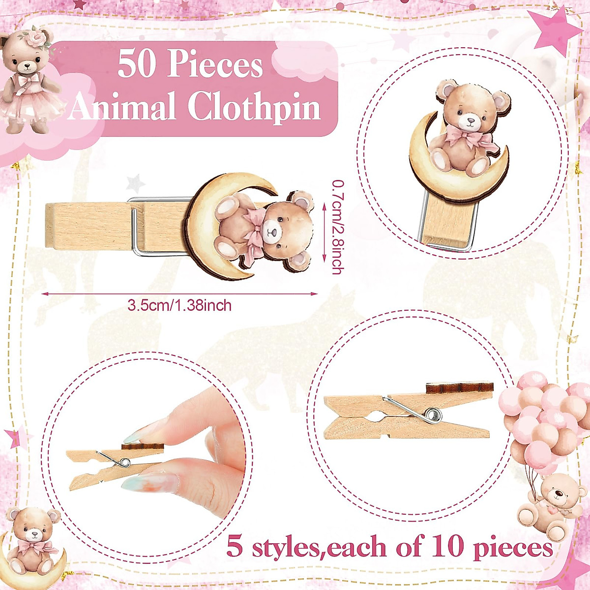 Patelai 321 Pcs Baby Shower Games Supplies, 5 Sets (50 Cards Each) Activities Cards with 20 Pencils 1 Don't Say Baby Sign 50 Clothespin(Pink Bear)