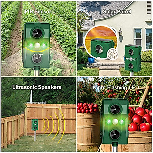 Solar Animal Repeller, Ultrasonic Mole Repellent, Rat, Squirrel, Deer, Raccoon, Skunk, Rabbit, Mole, Dog, Cat, Waterproof with Motion Detector, USB Rechargeable, Flashing Light