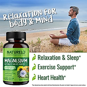 NATURELO Magnesium Glycinate Chelate Complex - 200 mg Magnesium with Organic Vegetables to Support Sleep, Calm, Muscle Cramp & Stress Relief – Gluten Free, Non GMO - 120 Capsules