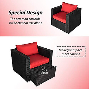 kinbor Patio Furniture Set, PE Rattan Chair with Ottoman and Cushions for Outdoor Balcony Porch Deck