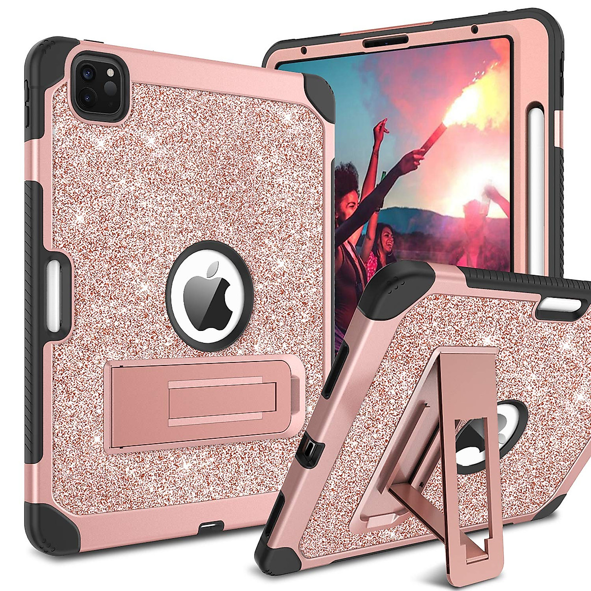 BENTOBEN iPad Air 5th/4th Generation Case, iPad Pro 11 Case, Glitter Sparkly 3 Layer Heavy Duty Shockproof Kickstand Faux Leather with Pencil Holder Protective Tablet Case Cover, Rose Gold