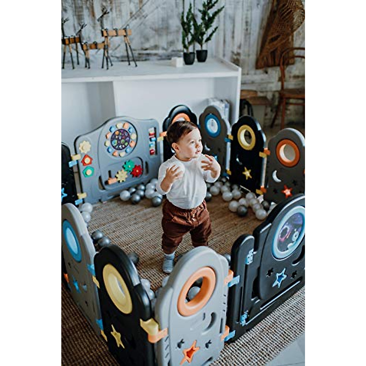 Baby Safety Playpen: Safe Zone Playpen Gray Black Baby Playpen - Kids Activity Center Playard, Safe Play Yard Play Pen with Games & Door for Infants (Gray & Black, 14 Panels)