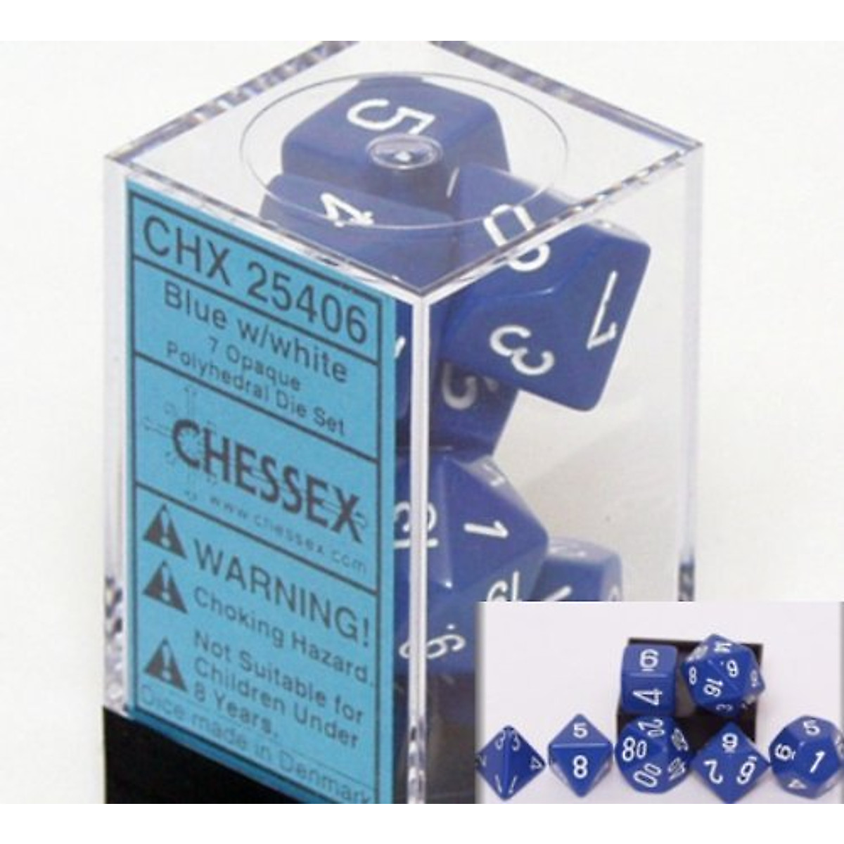 Chessex Dice Polyhedral 7-Die Opaque Dice Set - Blue with White