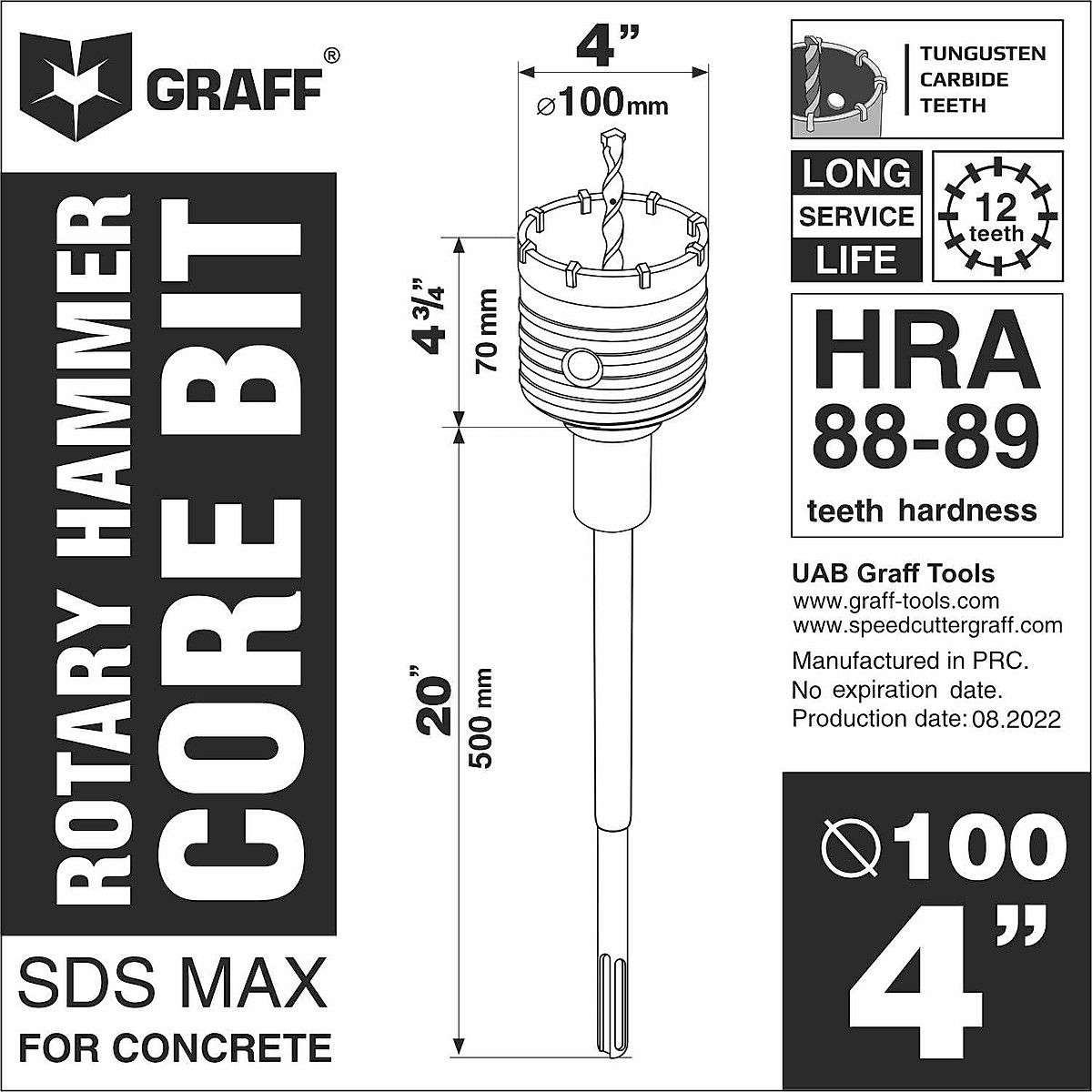 GRAFF 4 Inch SDS Max Rotary Hammer Core Bit - Core Drill Bit for Concrete, Masonry, Cement, Silicate Brick - Concrete Hole Saw with SDS Max Shank 20'' (500mm) and Center Drill