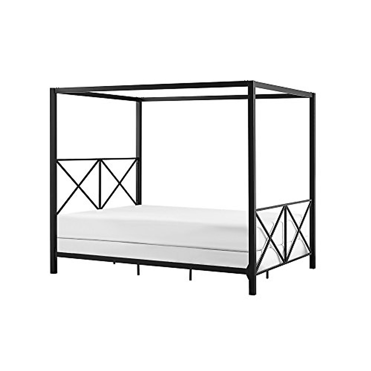 DHP Rosedale Metal Canopy Bed Frame with Four Poster Design and Geometric Accented Headboard and Footboard, Underbed Storage Space, Queen, Black