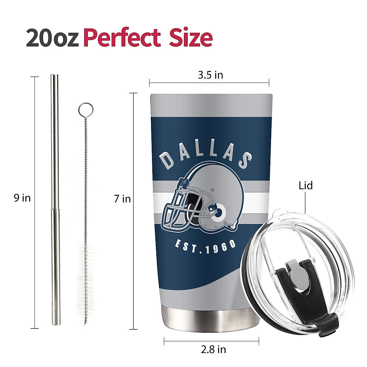 Custom Dallas Tumbler 20oz Stainless Steel with Lid & Straw Personalized Football Fans Gifts for Women Men Coffee Travel Insulated Mug Cup Add Name Number